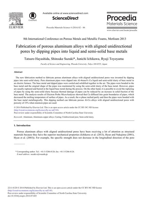 Pdf Fabrication Of Porous Aluminum Alloys With Aligned Unidirectional Pores By Dipping Pipes
