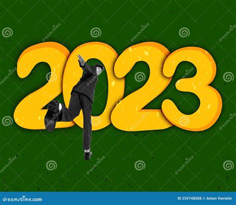 Contemporary Art Collage Creative Design Young Man Running Into New 2023 Year Stock