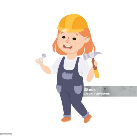 망치와 손톱 귀여운 빌더 하드 모자와 건설 도구 만화 스타일 벡터 일러스트와 블루 바지에 어린 소녀 망치에 대한 스톡 벡터 아트 및 기타 이미지 Istock
