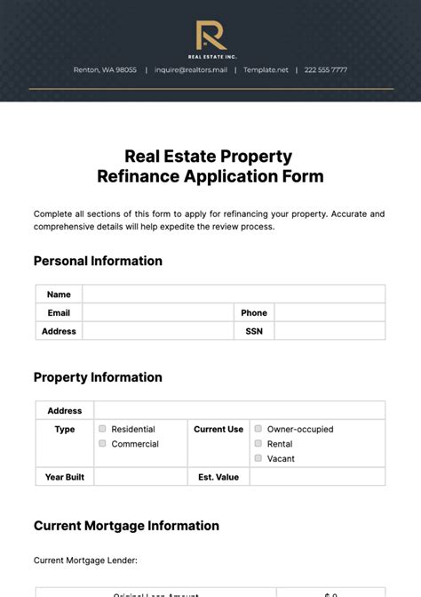 Free Real Estate Property Refinance Application Form Template To Edit