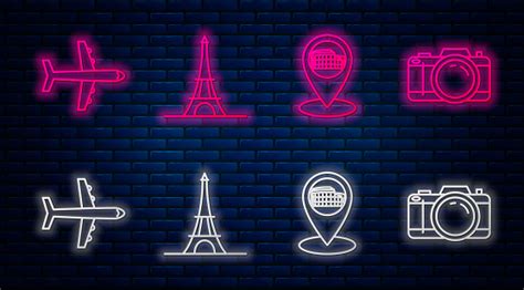 설정 라인 에펠 탑 로마 이탈리아 비행기 및 사진 카메라에서 콜로세움지도 포인터 벽돌 벽에 빛나는 네온 아이콘입니다 벡터 0명에 대한 스톡 벡터 아트 및 기타 이미지