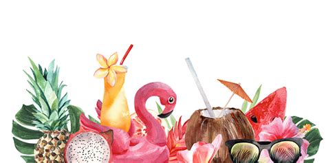 열대 식물과 해변 휴가를 주제로 한 밝고 육즙이 많은 그림 Нorizontal 구성 흰색 배경에 손으로 수채화 그리기 녹색에