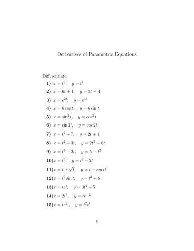 derivatives of parametric equations worksheet with solutions teaching resources