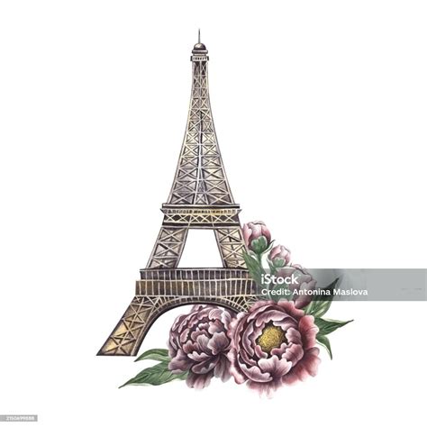 빈티지 모란으로 장식된 에펠탑 손으로 그린 수채화 일러스트 격리하십시오 프랑스의 명소 전단지 배너 및 엽서용으로 설계되었습니다 초대장 포스터 및 스티커는 인쇄하십시오 0명에