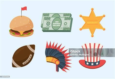미국 문화 세트의 미국 붉은 깃발 팩100 달러 지폐 황금 보안관 스타 럭비 공 인도 깃털 머리 줄무늬 탑 햇 스타 재미 무료 관광과 육즙 버거 만화 벡터 건축에 대한 스톡