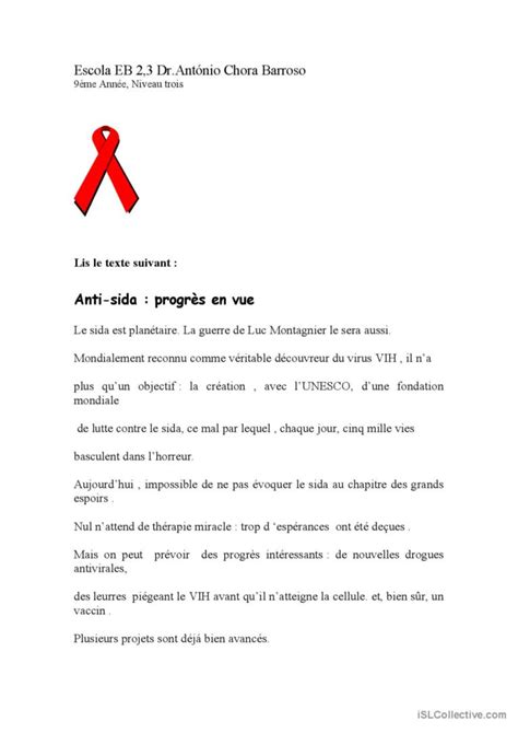 Anti Sida Progres Envue Compréhensio… Français Fle Fiches Pedagogiques