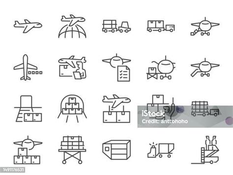 항공화물 아이콘이 설정되었습니다 여기에는 운송 비행기 컨테이너 비행 화물 및 기타 아이콘이 포함되었습니다 비행기에 대한 스톡 벡터 아트 및 기타 이미지 Istock