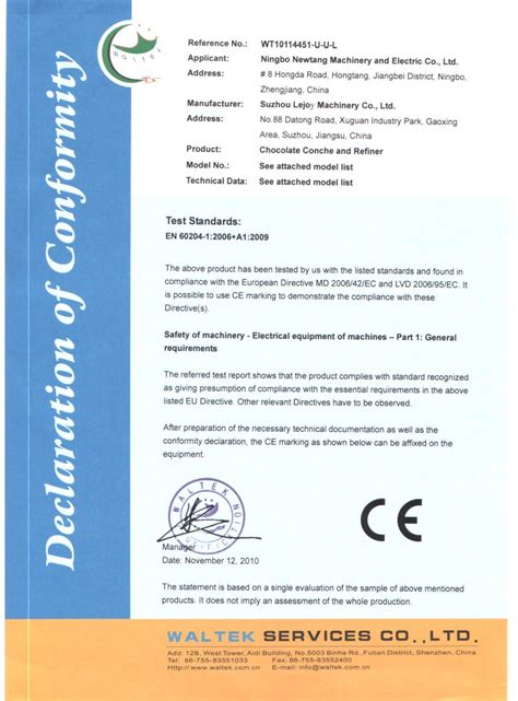 Declaration Of Conformity Ce Suzhou Lejoy Machinery Co Ltd