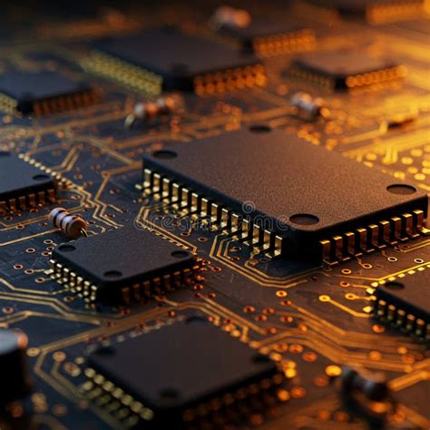 A Close Up View Of A Computer Motherboard Showcasing Several Microchips Stock Illustration