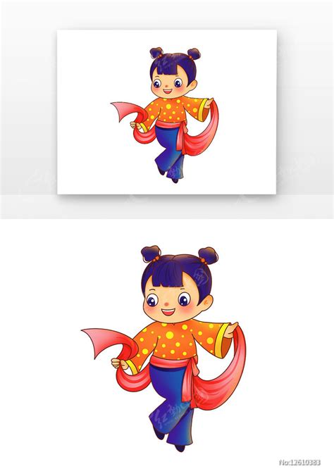 蓝红色卡通风扎哪吒头甩水袖扭秧歌的女孩图片下载 红动中国