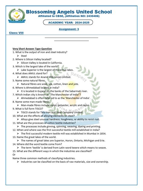 Assignment Class Viii Pdf Question Textile Industry
