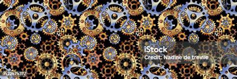 스팀 펑크 스타일의 기어와 시계 작업의 수평 원활한 패턴 스팀 펑크 스타일의 컬러 기어가있는 추상적 인 검은 색 배경 건설 산업에 대한 스톡 벡터 아트 및 기타 이미지