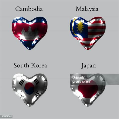 아시아 국가의 플래그입니다 광택 소재 캄보디아 말레이시아 한국 일본 심 혼의 형태로 공기 공에의 깃발에 의하여 이루어져 있다 0명에 대한 스톡 벡터 아트 및 기타 이미지