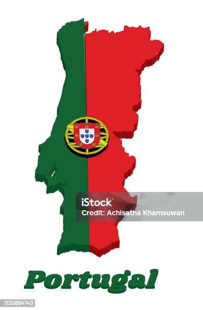 3d 지도 외곽선 및 포르투갈어의 국기 23 수직 줄무늬 녹색 및 빨간색 색상 경계를 중심으로 포르투갈의 팔의 코트와 함께 0명에 대한 스톡 벡터 아트 및 기타 이미지