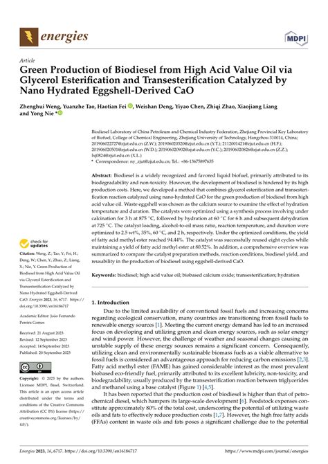 Pdf Green Production Of Biodiesel From High Acid Value Oil Via Glycerol Esterification And