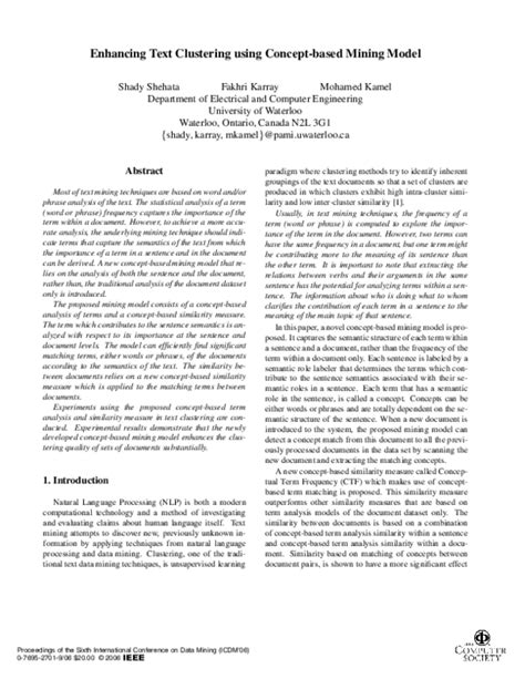 Pdf Enhancing Text Clustering Using Concept Based Mining Model
