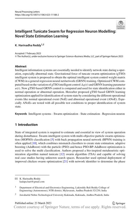 Intelligent Tunicate Swarm For Regression Neuron Modelling Novel State