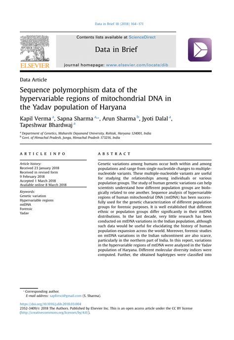 Pdf Sequence Polymorphism Data Of The Hypervariable Regions Of Mitochondrial Dna In The Yadav