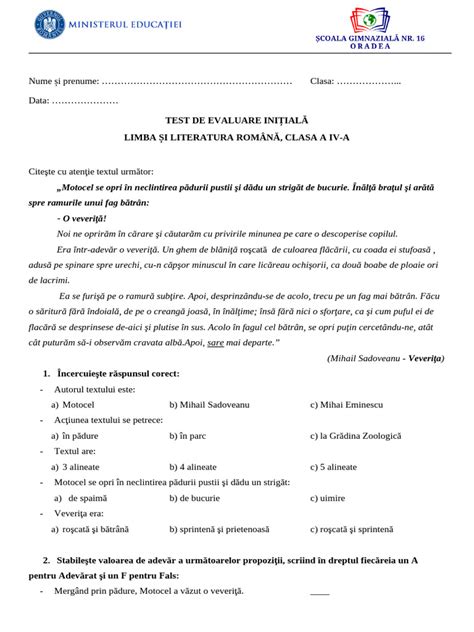 Evaluare Initiala Clasa Iv Romana 2024 Pdf