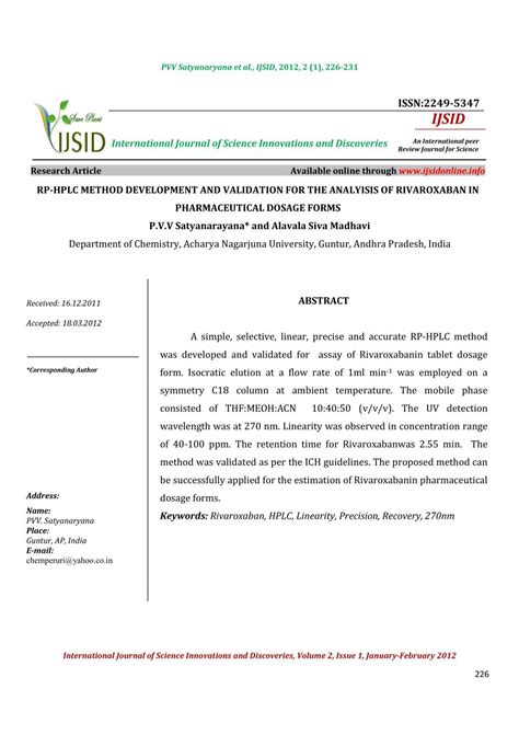 Rp Hplc Method Development And Validation For The