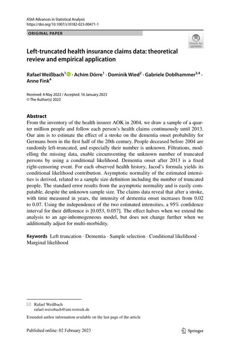pdf left truncated health insurance claims data theoretical review