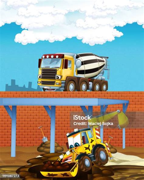 건설 현장에서 굴착기 및 콘크리트 믹서 또는 로더와 만화 장면 개발에 대한 스톡 벡터 아트 및 기타 이미지 개발 건설 산업