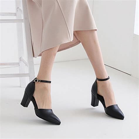 S206 심플 스틸레토 메리제인 펌프스 미들힐 청키 통굽 구두 봄신발 65cm