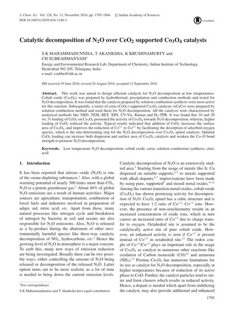 Pdf Catalytic Decomposition Of N2o Over Ceo2 Supported Co3o4 Catalysts