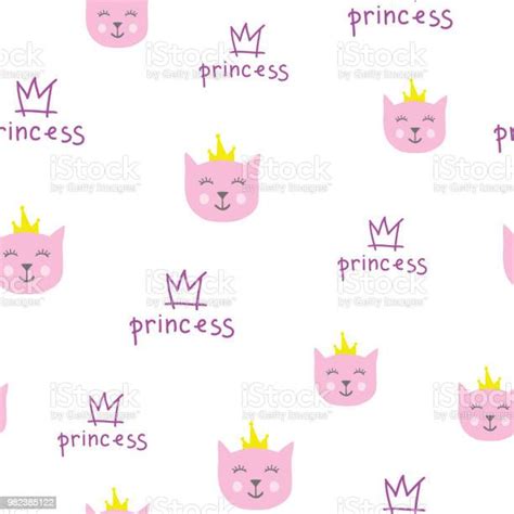 완벽 한 아 이들의 패턴 공주 고양이입니다 직물 섬유 벽지 의류에 대 한 크리에이 티브 배경 디자인에 대 한 벡터 일러스트입니다 0명에 대한 스톡 벡터 아트 및 기타 이미지