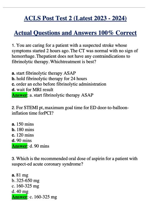 ACLS Post Test 2 Latest 2023 2024 Actual Questions And Answers 100 Correct Acls Acls