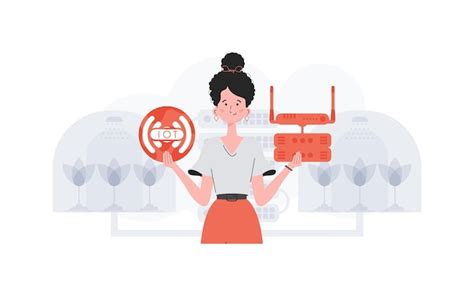 Iot 개념 한 여성이 그녀의 손에 인터넷 아이콘을 들고 있습니다 라우터와 서버 프리젠테이션 및 웹 사이트에 적합 트렌디한 플랫 스타일의 벡터 그림 프리미엄 벡터