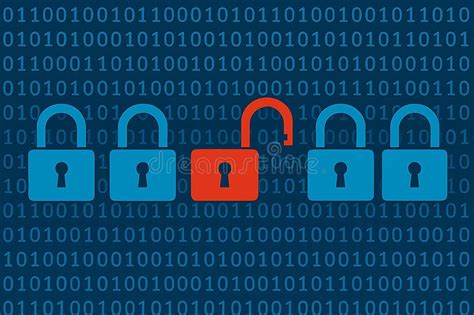 Digital Security Concept Featuring Locked Padlocks And One Open Lock Amidst Binary Code Stock