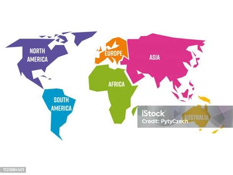 단순화 된 세계지도는 다른 색상으로 6 개 대륙으로 나누어 간단한 평면 벡터 일러스트입니다 0명에 대한 스톡 벡터 아트 및 기타
