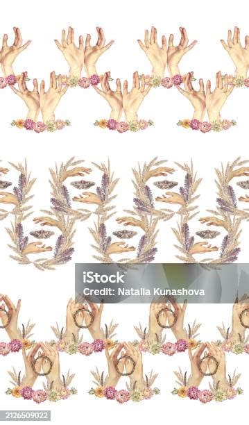 흰색 배경에 보헤미안 꽃이 있는 수채화 물감으로 뻗은 인간의 손으로 이음매 없는 테두리로 설정됩니다 초대 및 스티커에 대한 도움 또는 친절의 손으로 그린 제스처 축하 결혼식