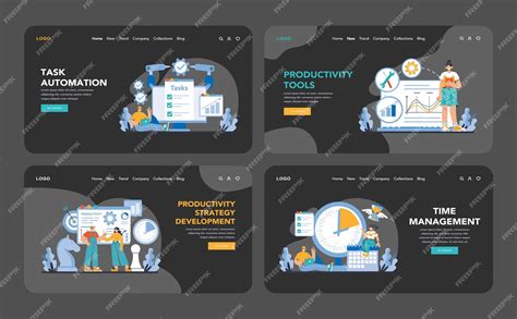 Premium Vector Productivity Boosting Night Or Dark Mode Web Or Landing Page Set Interfaces