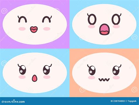 Kawaii Cute Faces On Colorful Backgrounds Set Manga Style Eyes And Mouths Funny Emotions Stock
