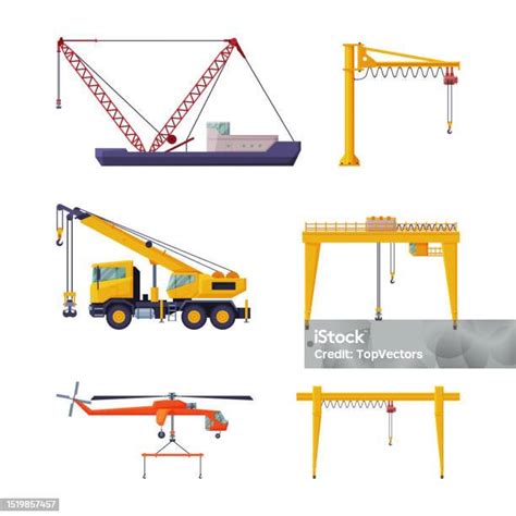 건설 및 산업용 크레인 세트 건설 및 화물 크레인 중장비 특수 기계 플랫 벡터 일러스트레이션 건설 산업에 대한 스톡 벡터 아트 및 기타 이미지 Istock