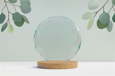 화장품 디스플레이 제품 스탠드 원 다이아몬드 유리 벽과 가벼운 배경에 자연 잎 나무 실린더 연단 3d 렌더링 그림 0명에 대한 스톡 사진 및 기타 이미지 Istock