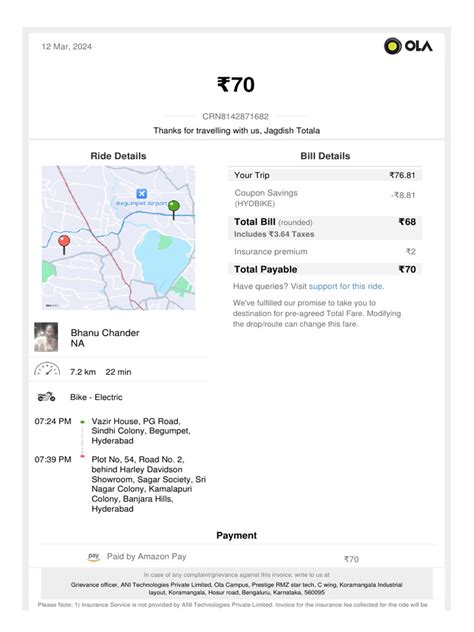 Ola Receipt Pdf Invoice Payments