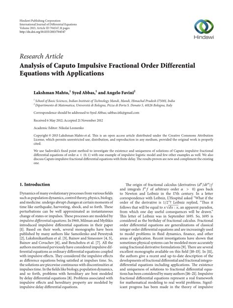 Pdf Analysis Of Caputo Impulsive Fractional Order Differential Equations With Applications