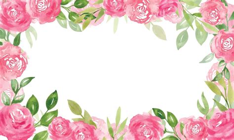 Watercolor Floral Rectangular Frame With Pink Rose Flowers And Green Leaves Hand Drawn Template