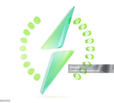 3d 녹색 유리 전기 충전 아이콘입니다 번개와 원형 상형 문자의 에너지 상징 네온 불빛 홀로그램 그라디언트 Ui 디자인을 위한 친환경 배터리 충전기 로고 0명에 대한 스톡
