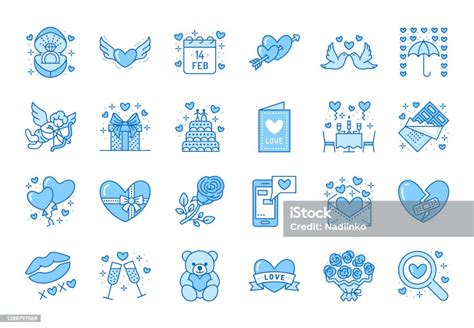 발렌타인 데이 플랫 라인 아이콘 사랑 로맨스 기호 마음 약혼 반지 웨딩 케이크 큐피드 낭만적 인 데이트 카드 2월 14일 축하를 위한 얇은 선형 표지판 파란색 편집 가능한