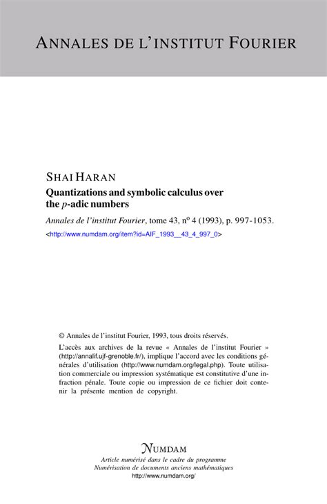 Pdf Quantization And Symbolic Calculus Over The P Adic Numbers