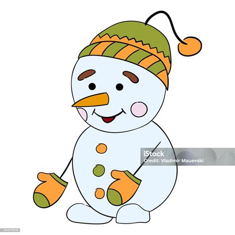 스카프를 두른 녹색 모자를 쓴 귀여운 만화 눈사람 벡터 그림 0명에 대한 스톡 벡터 아트 및 기타 이미지 0명 겨울