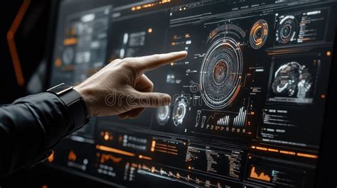 Hand Interacting With Futuristic Digital Interface Displaying Data Visualizations And Analytics