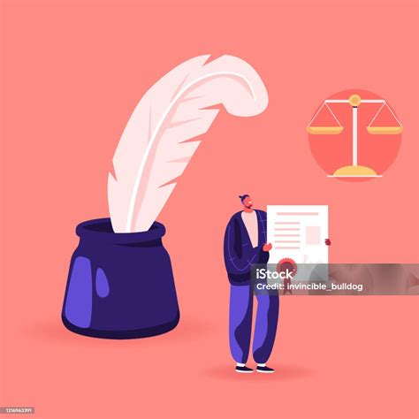 문자 젊은 변호사는 깃털 펜과 인감 스탬프와 인증서를 들고 저울 거대한 잉크 웰에 서있다 공증인 및 변호사 전문 서비스 문서를