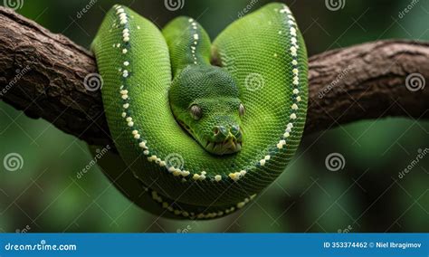 Emerald Green Tree Python Coiled On Branch In Tropical Forest Stock