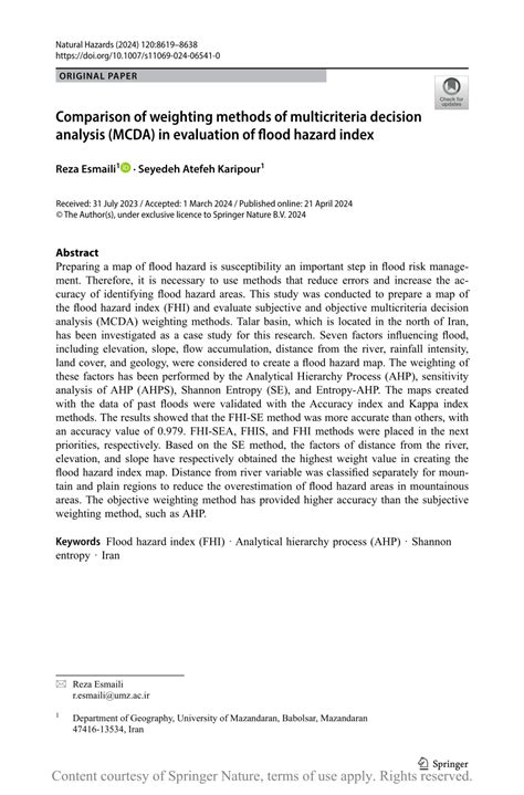 Comparison Of Weighting Methods Of Multicriteria Decision Analysis Mcda In Evaluation Of Flood