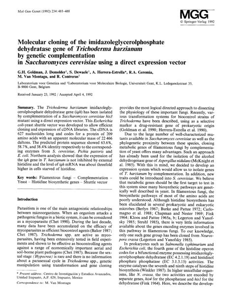 Pdf Molecular Cloning Of The Imidazoleglycerolphosphate Dehydratase Gene Of Trichoderma